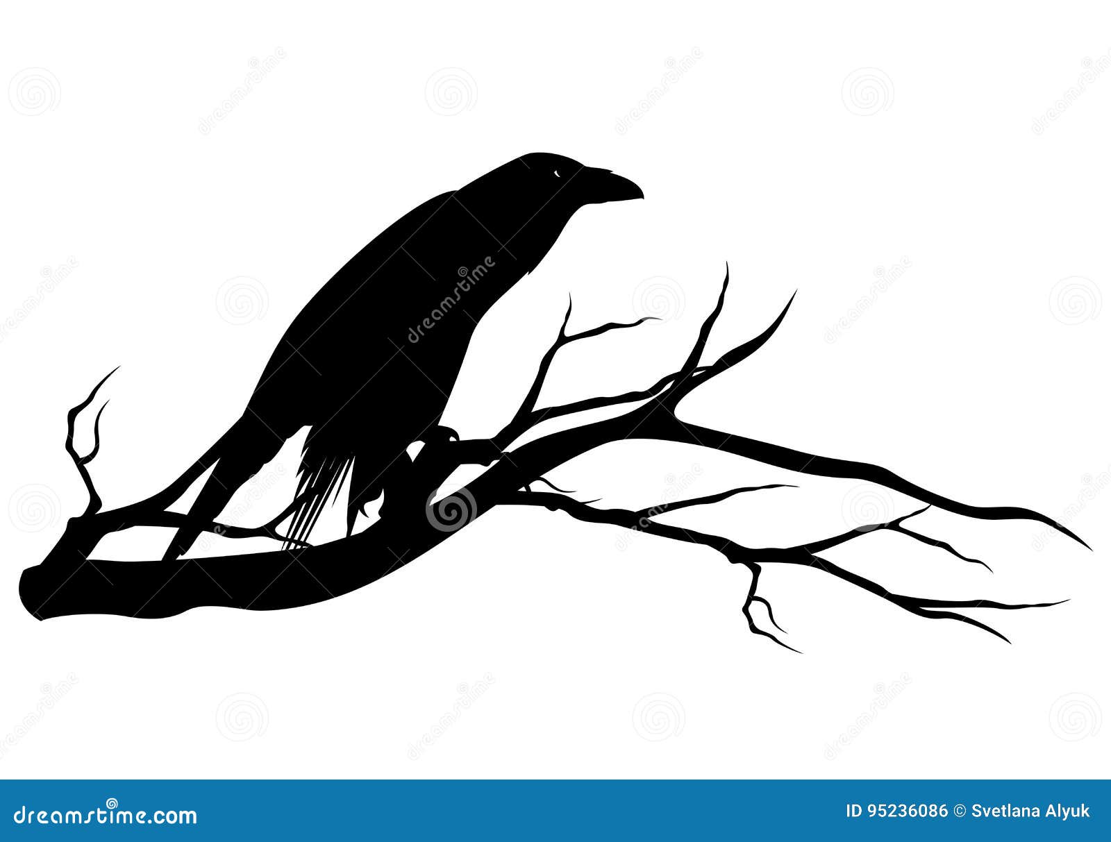 Black Raven Bird on Tree Branch Vector Silhouette Stock Vector ...