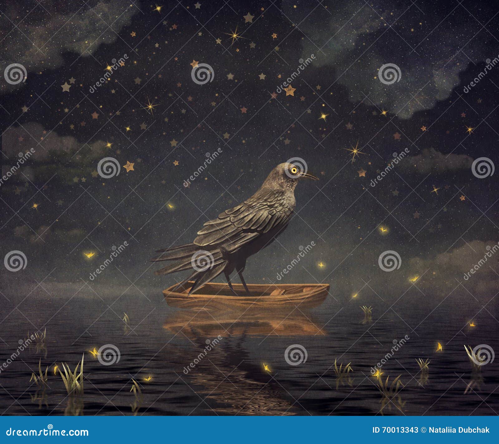 Black Raven in a Boat at the River Magical Night Stock Illustration ...
