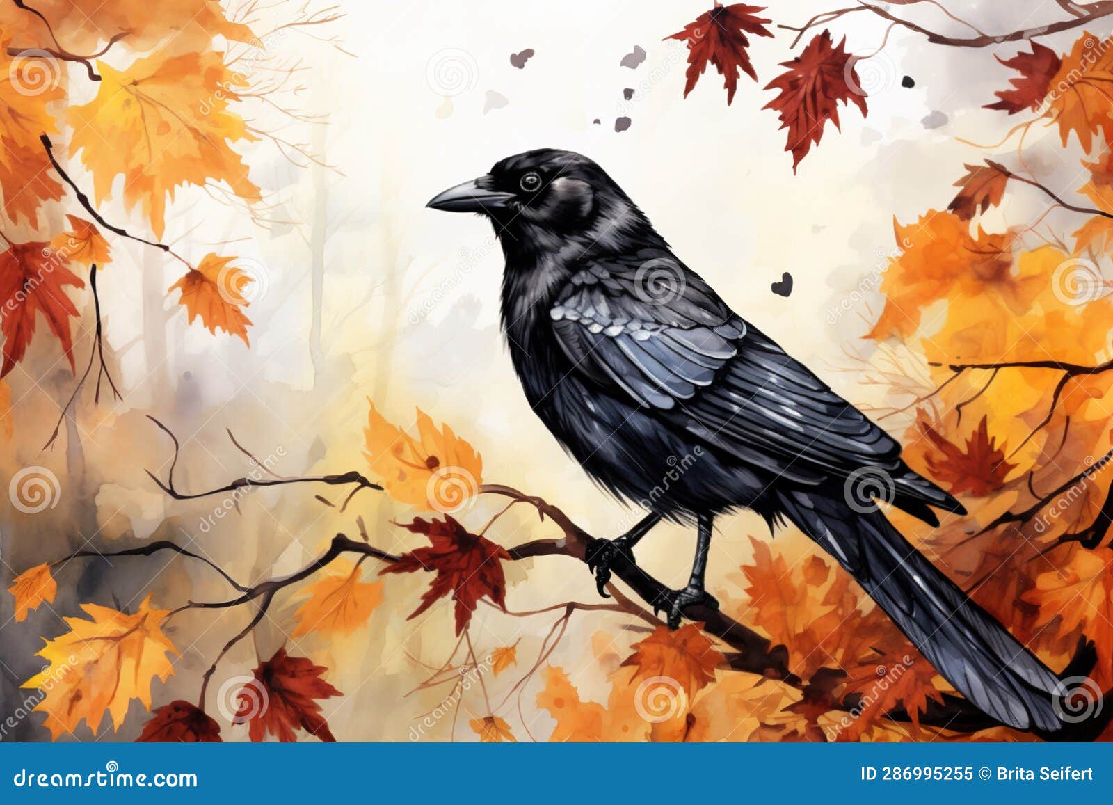 Black Raven or Crow on a Tree Branch in Autumn between Autumn Leaves ...