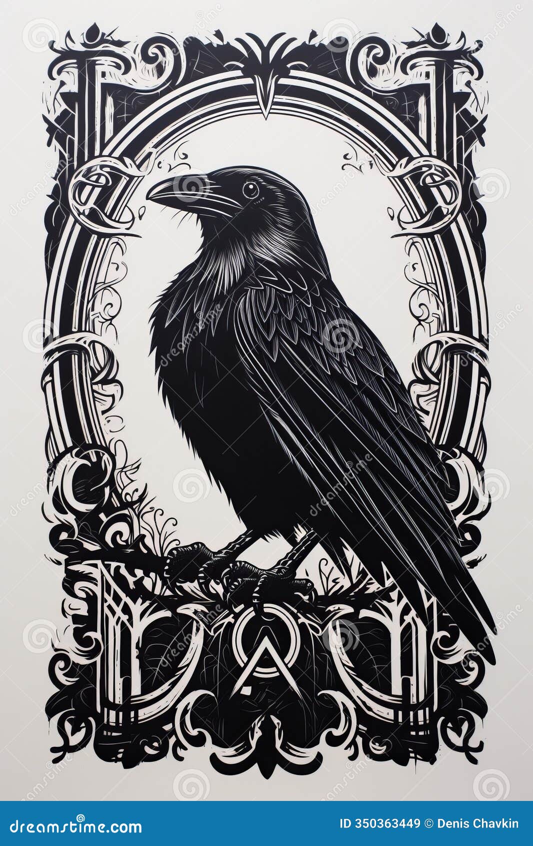 Black Raven, Engraving, Black and White Drawing Stock Image - Image of ...