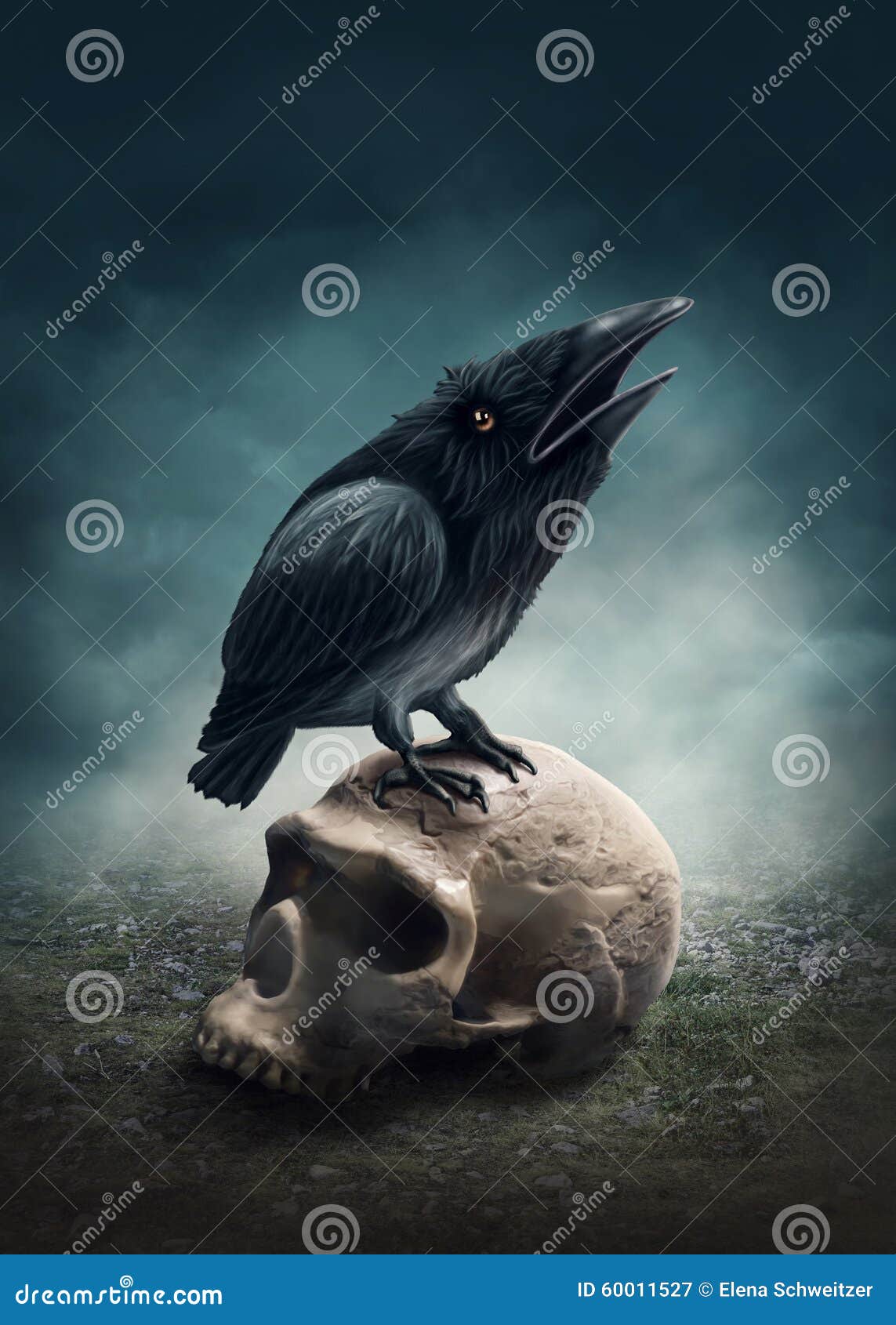 Black Raven Bird Sitting On Skeleton Hand Vector Silhouette ...