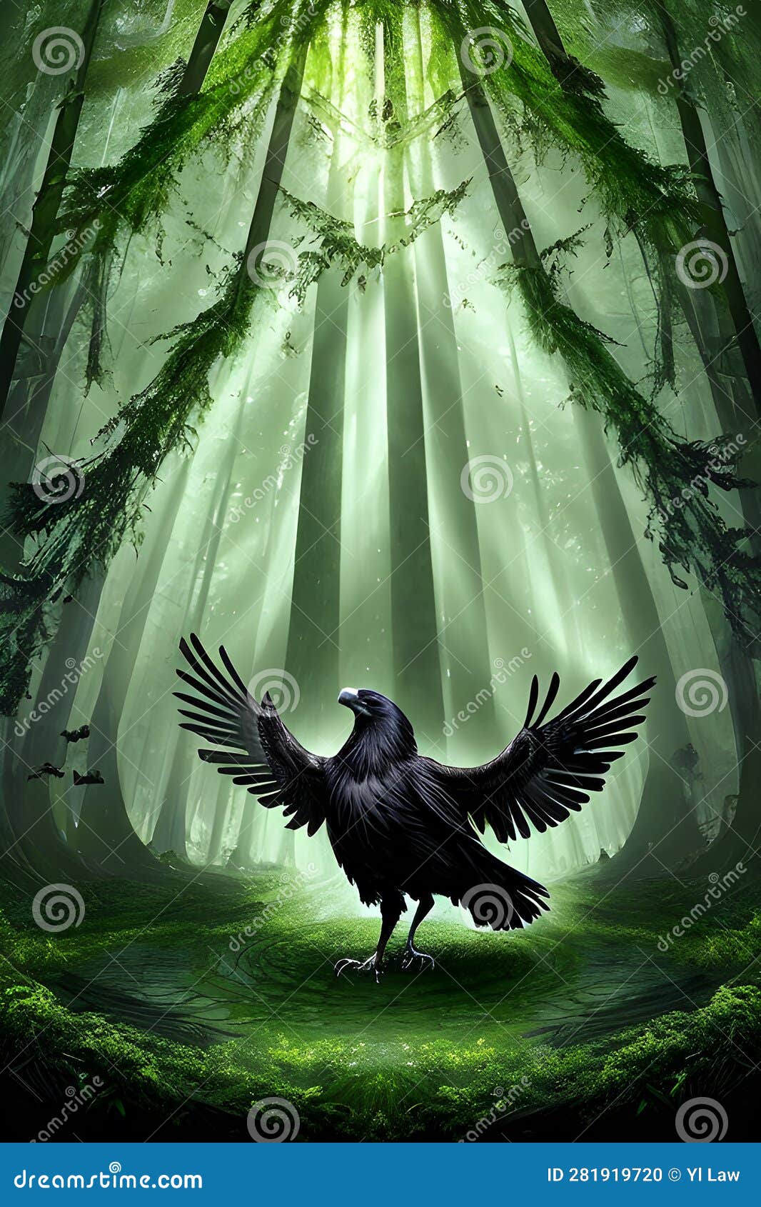 Black Raven Walking Along a Path in a Dense Forest Stock Illustration ...