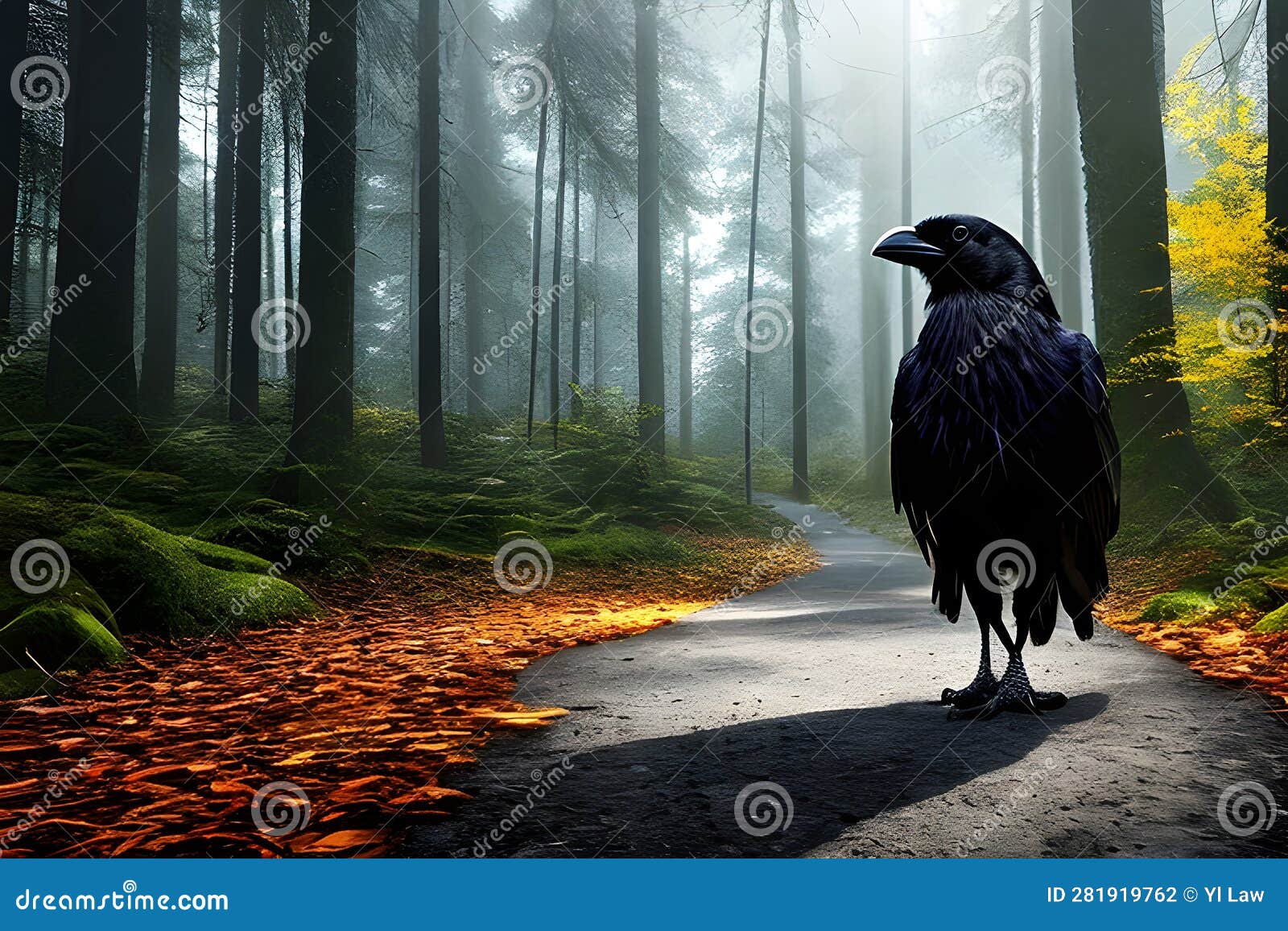 Black Raven Walking Along a Path in a Dense Forest Stock Illustration ...