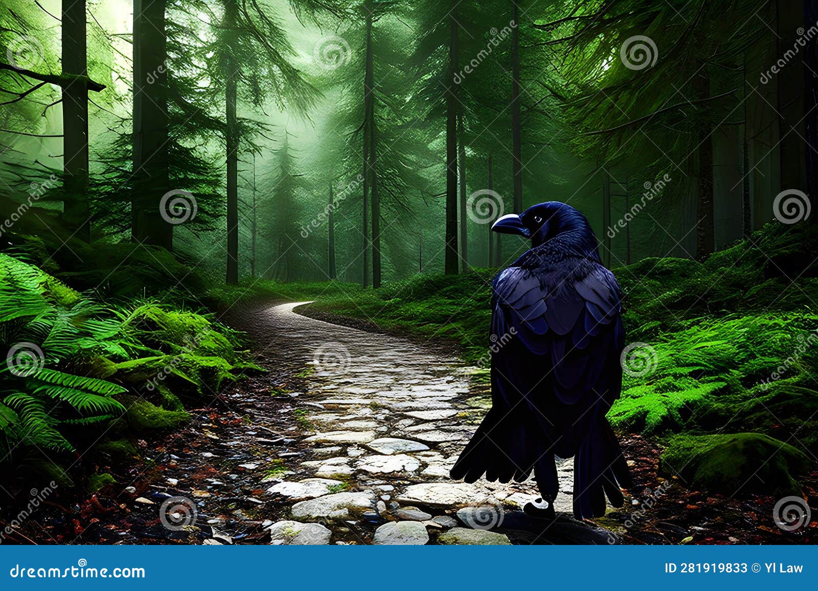 Black Raven Walking Along a Path in a Dense Forest Editorial Stock ...