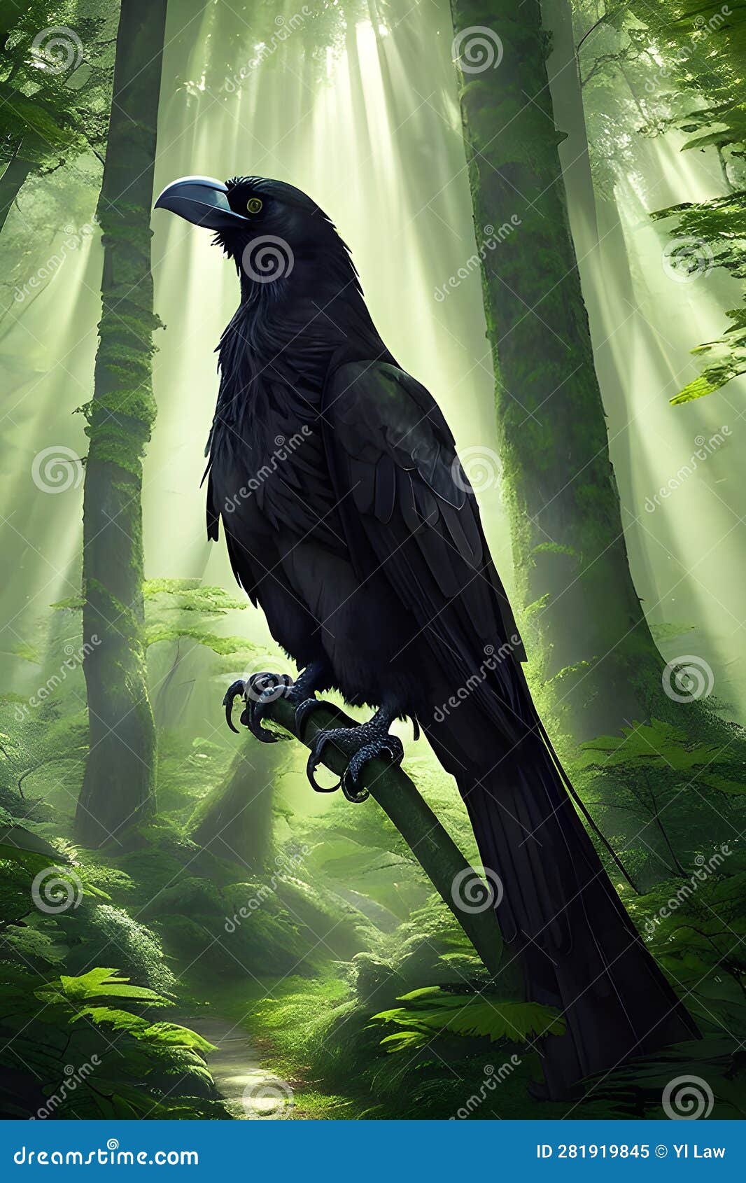 Black Raven Walking Along a Path in a Dense Forest Stock Illustration ...