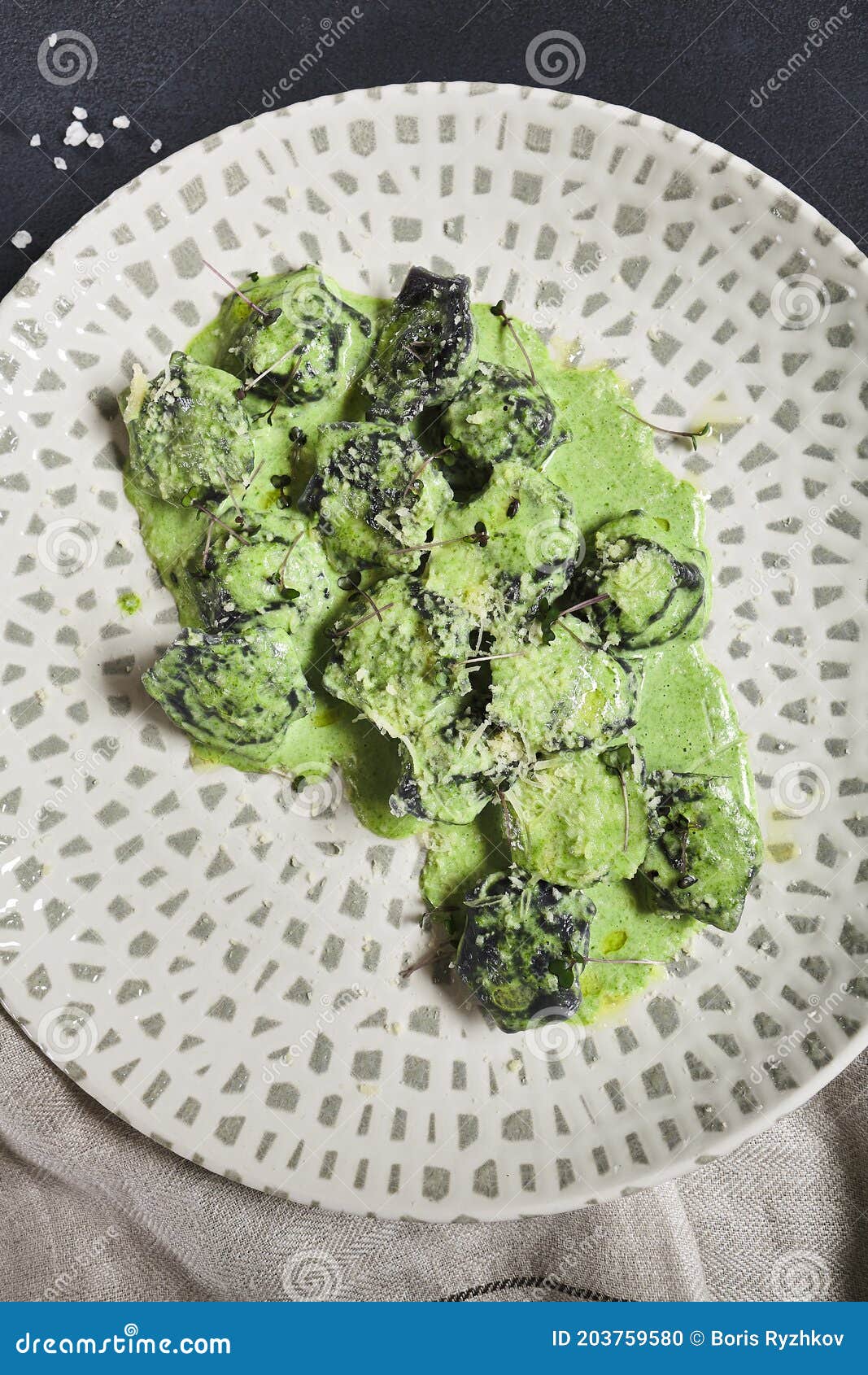 Black Ravioli with Shrimp and Spinach Sauce Stock Photo - Image of ...