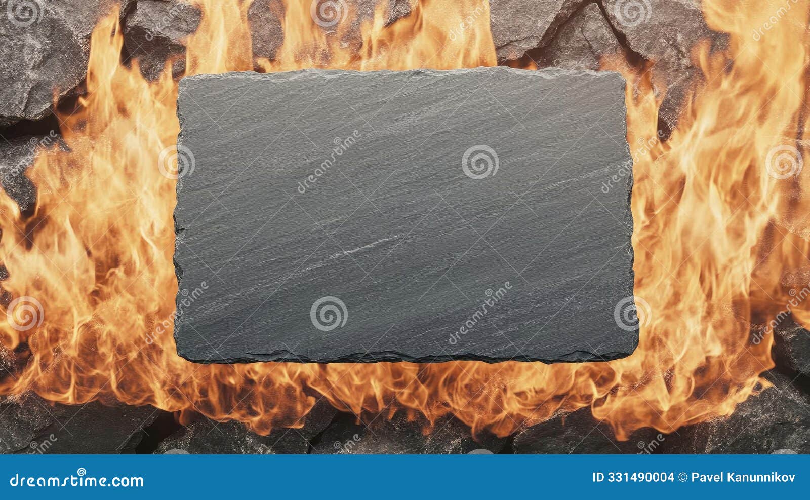 Black Rectangular Stone Encased in Flames on a Dark Grunge Background ...