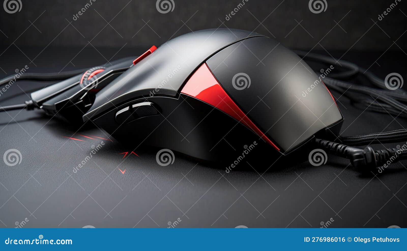 A Black and Red Computer Mouse on a Black Surface with Wires Stock ...