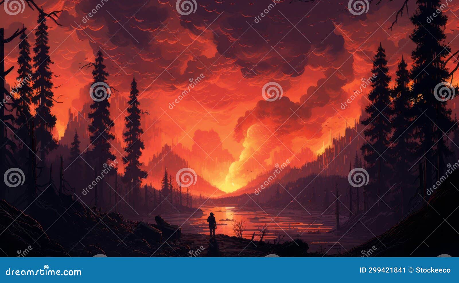 Fiery Landscape: a Detailed Illustration of a Red Hot Wilderness Stock ...