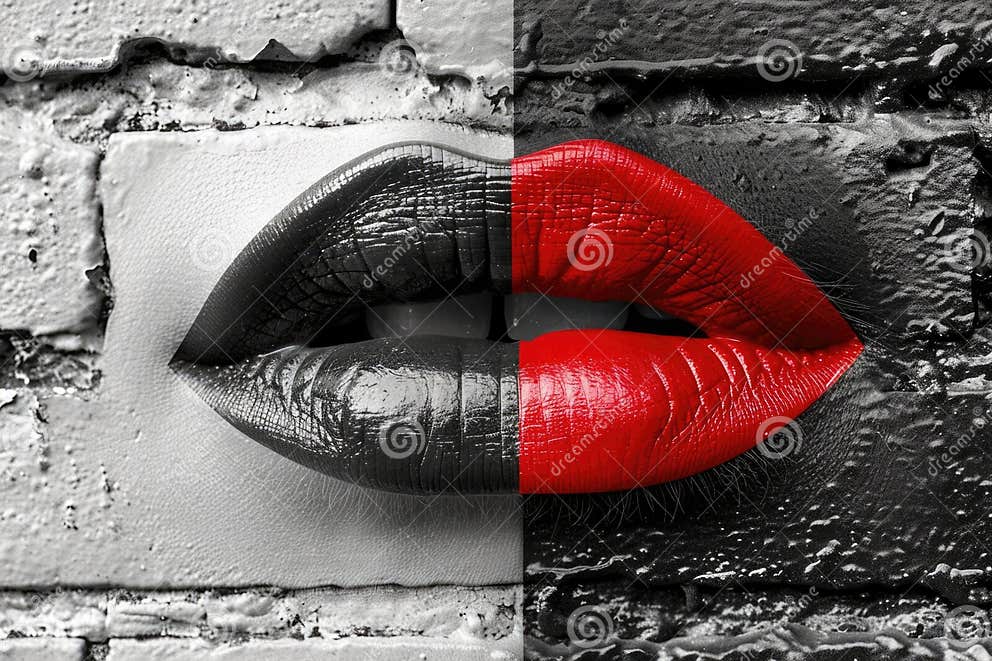 Black and Red Lips on Split Brick Wall Background Modern Artistic ...
