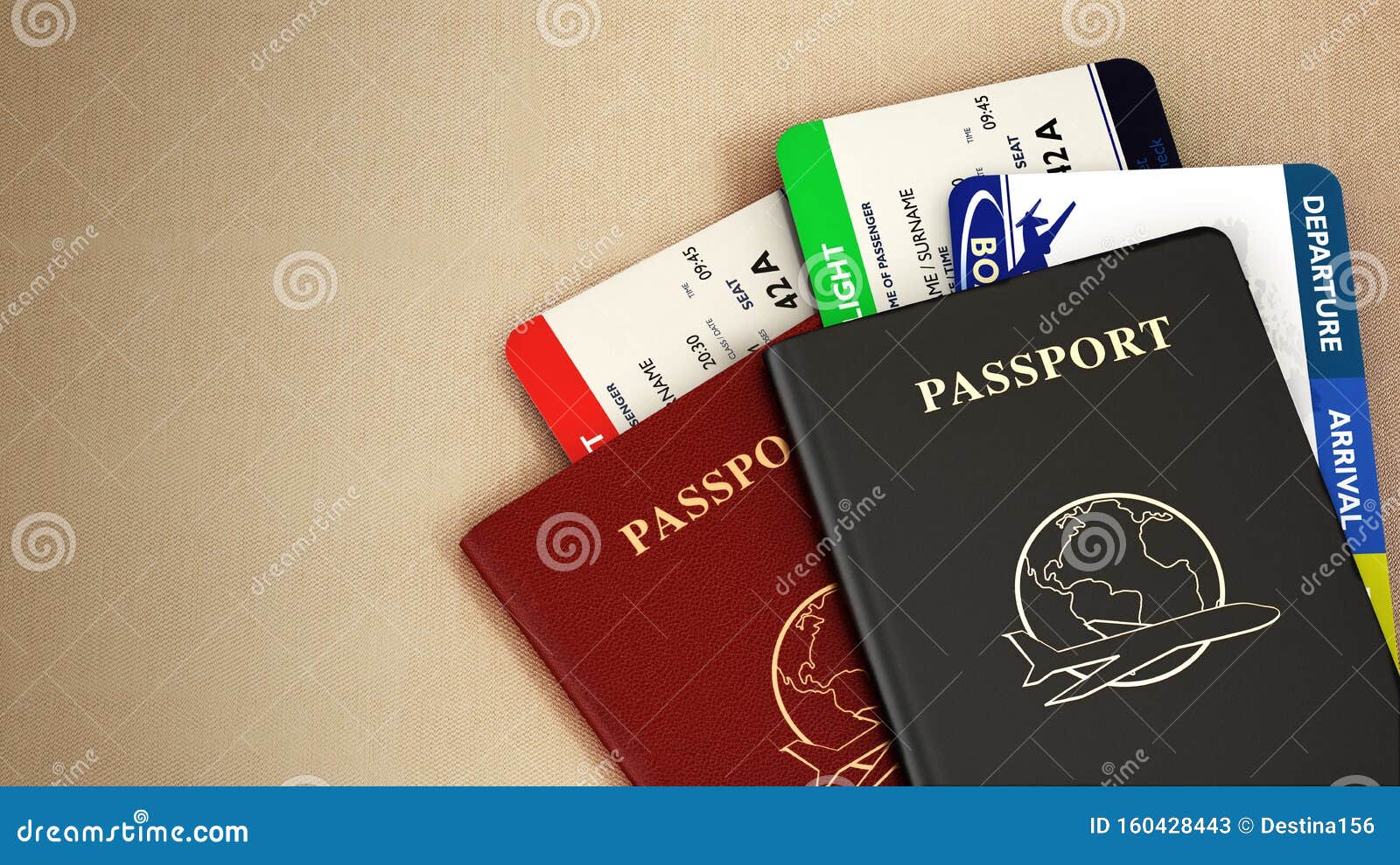 Black and Red Passports and Airplane Tickets. 3D Illustration Stock ...