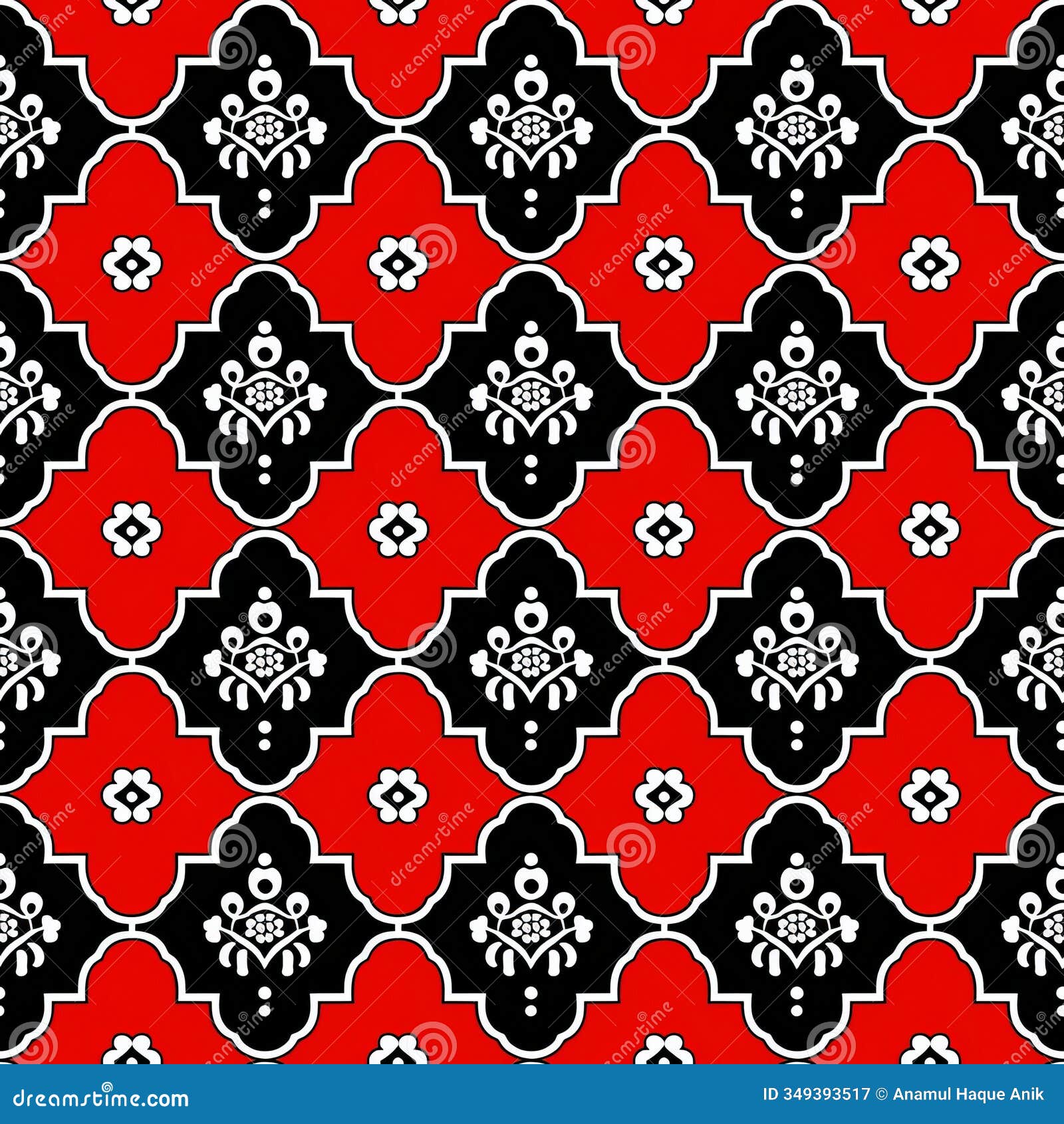 Black and Red Seamless Pattern with White Floral Design Stock ...