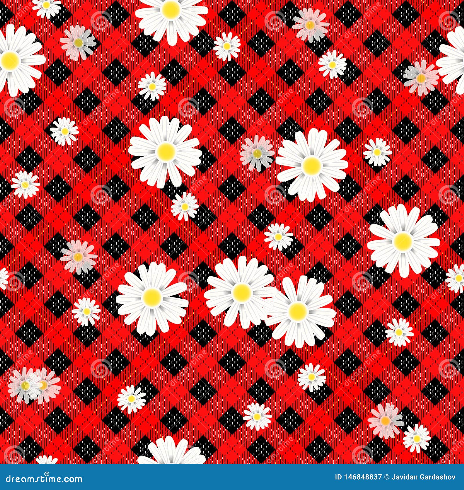 Black and Red Tartan Plaid and Daisy Flowers Pattern on Checkered ...
