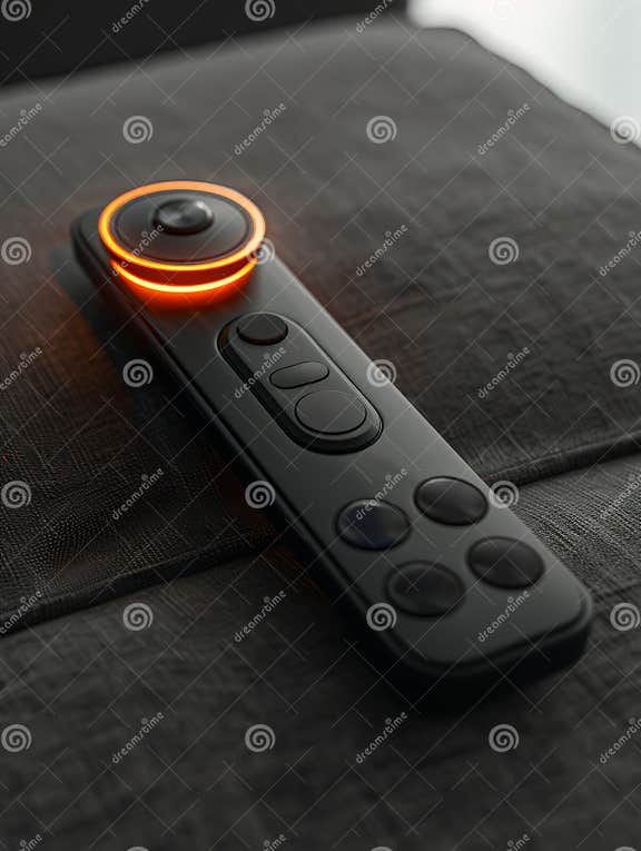 A Black Remote Control with an Illuminated Circular Button. Stock Photo ...