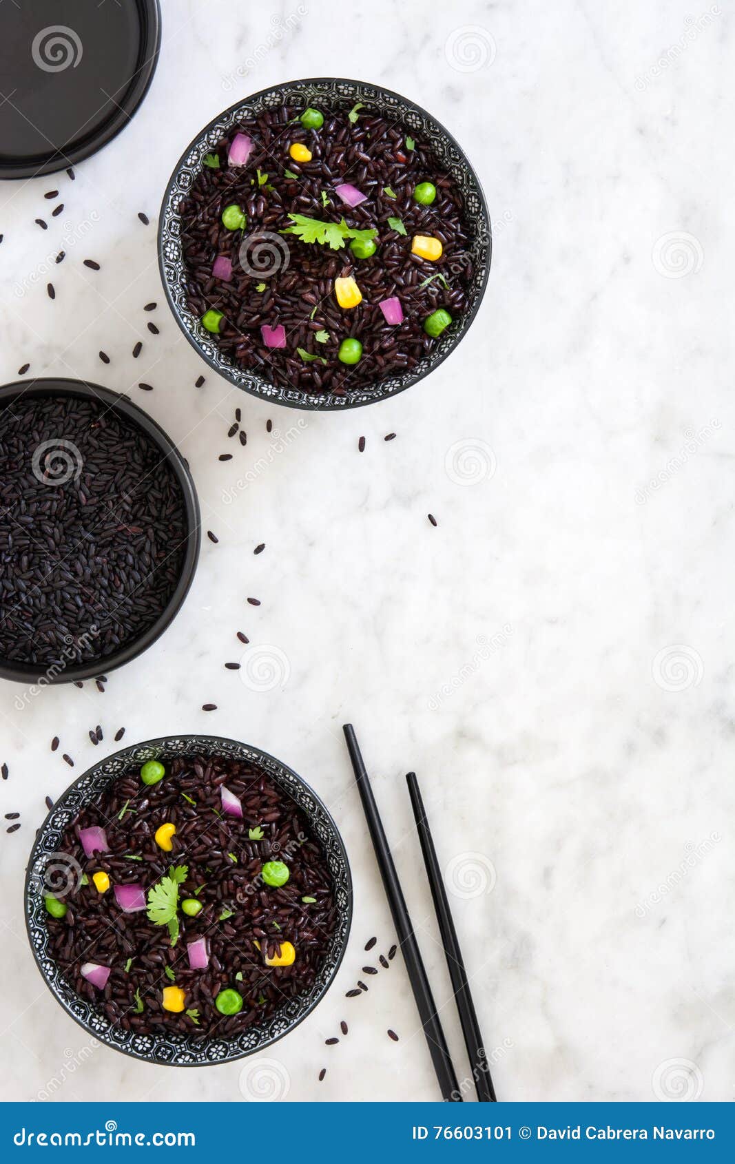 Black Rice in a Bowl and Vegetables on Marble Table Stock Image - Image ...