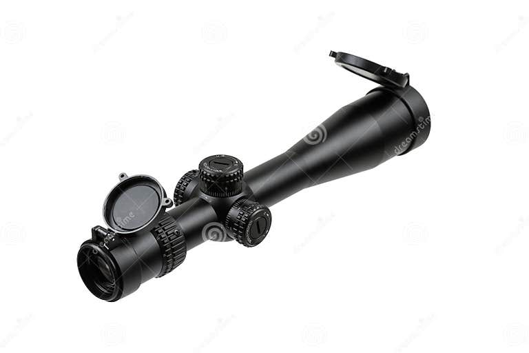 A Black Rifle Scope with Lens Covers, Adjustment Knobs, and a Honeycomb ...