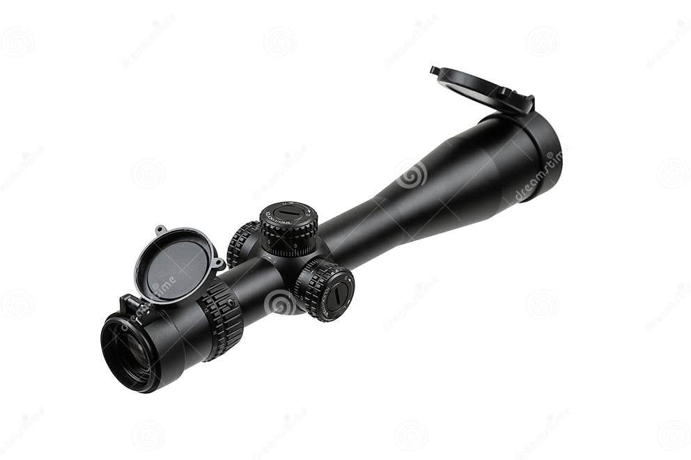 A Black Rifle Scope with Lens Covers, Adjustment Knobs, and a Honeycomb ...