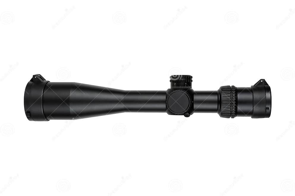 A Black Rifle Scope with Lens Covers, Adjustment Knobs, and a Honeycomb ...