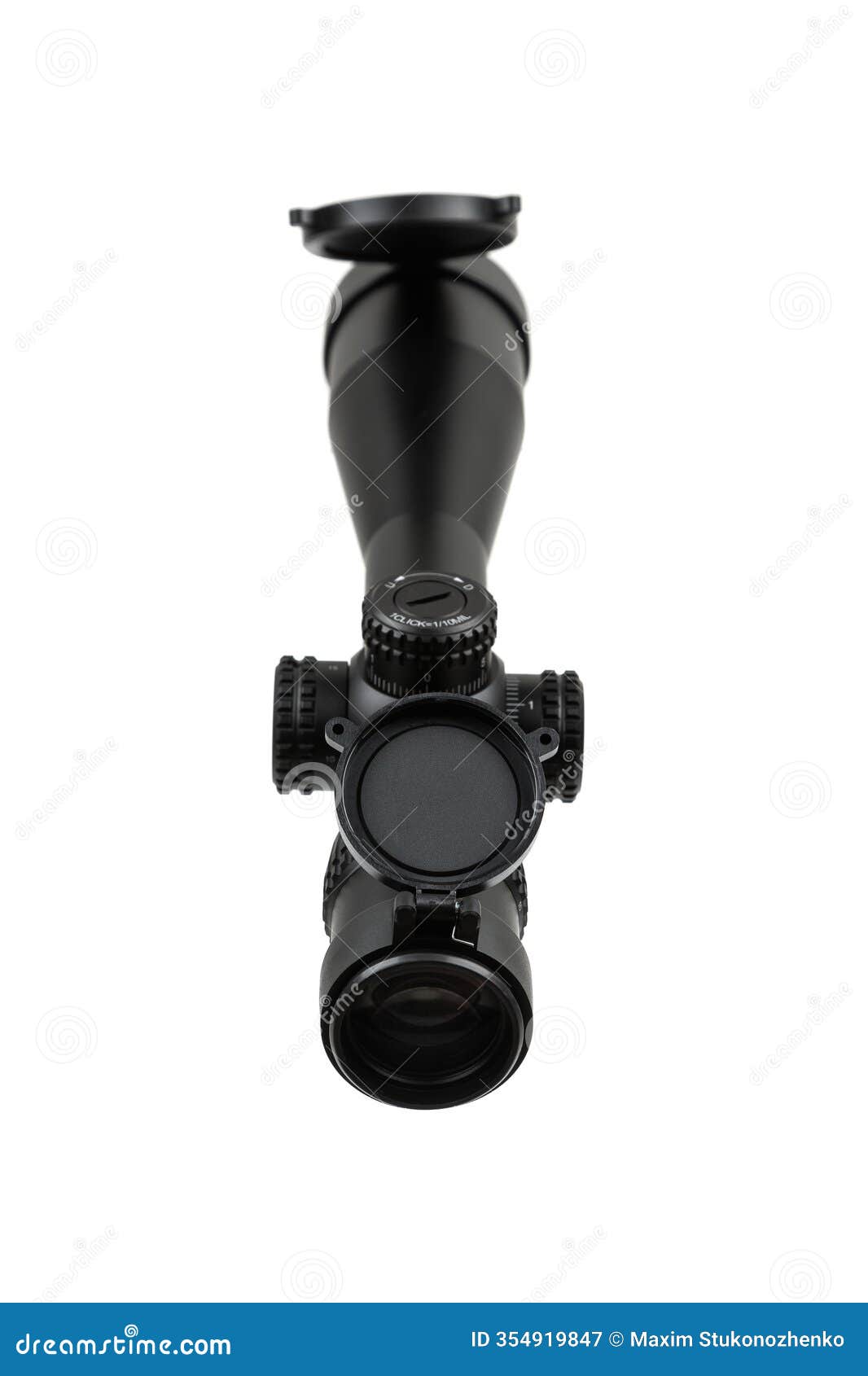 A Black Rifle Scope with Lens Covers, Adjustment Knobs, and a Honeycomb ...