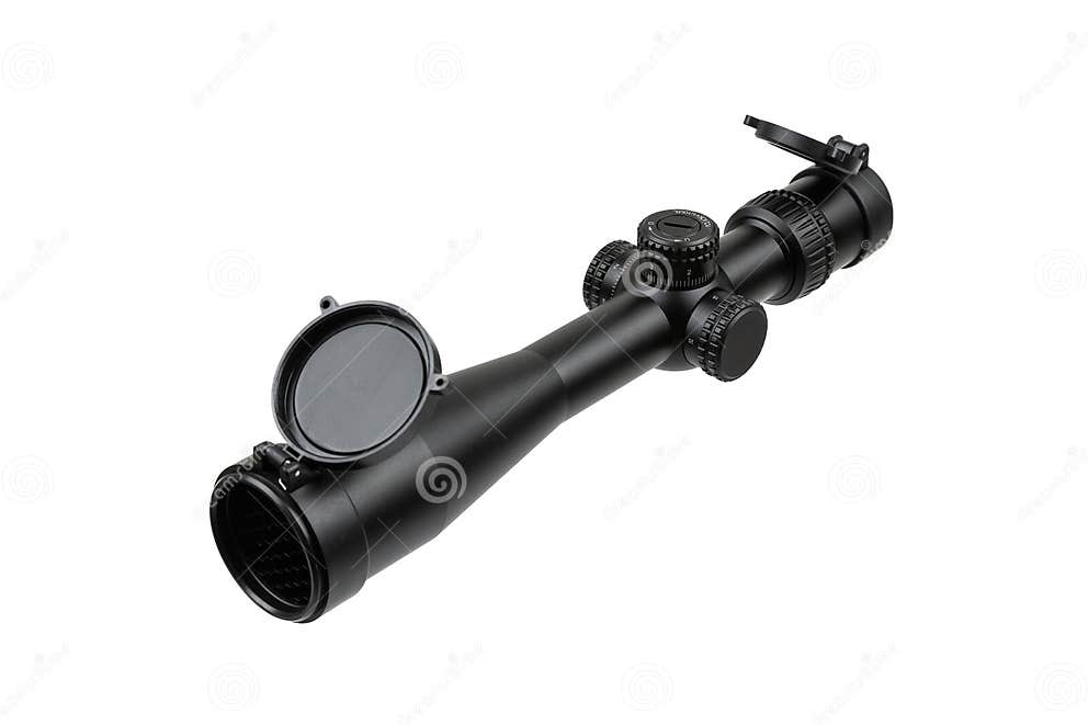 A Black Rifle Scope with Lens Covers, Adjustment Knobs, and a Honeycomb Filter Isolate on White ...