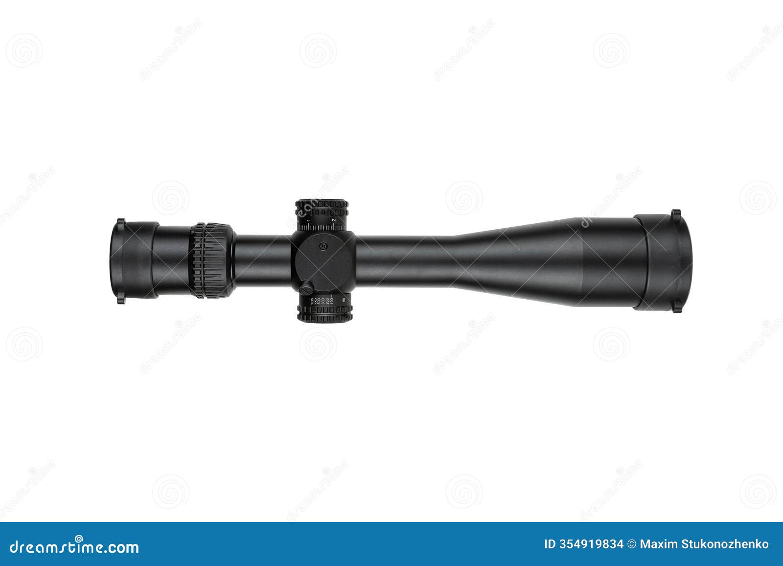 A Black Rifle Scope with Lens Covers, Adjustment Knobs, and a Honeycomb ...