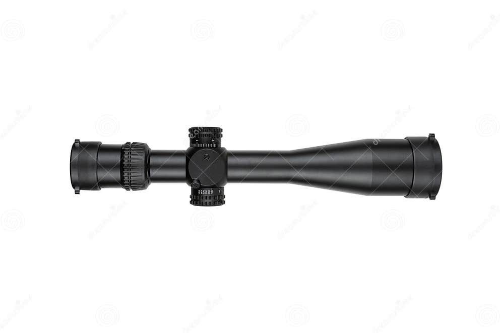 A Black Rifle Scope with Lens Covers, Adjustment Knobs, and a Honeycomb ...