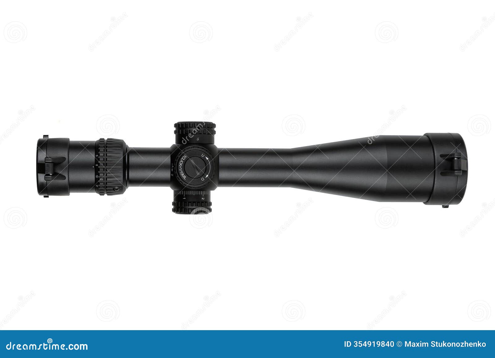 A Black Rifle Scope with Lens Covers, Adjustment Knobs, and a Honeycomb ...