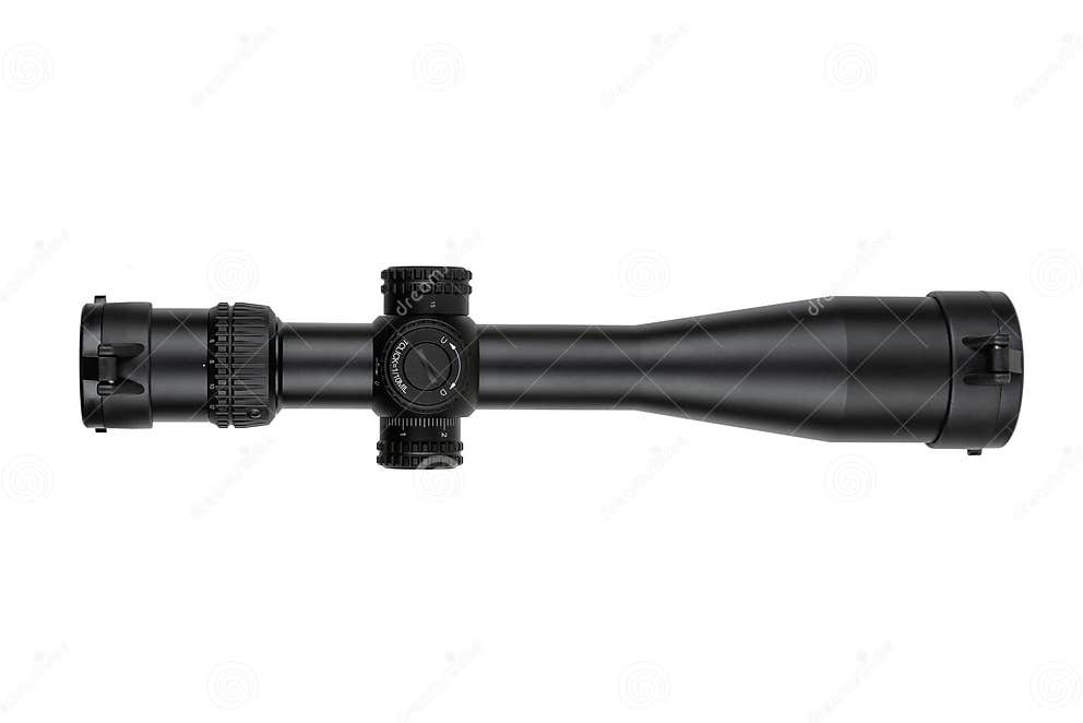 A Black Rifle Scope with Lens Covers, Adjustment Knobs, and a Honeycomb Filter Isolate on White ...