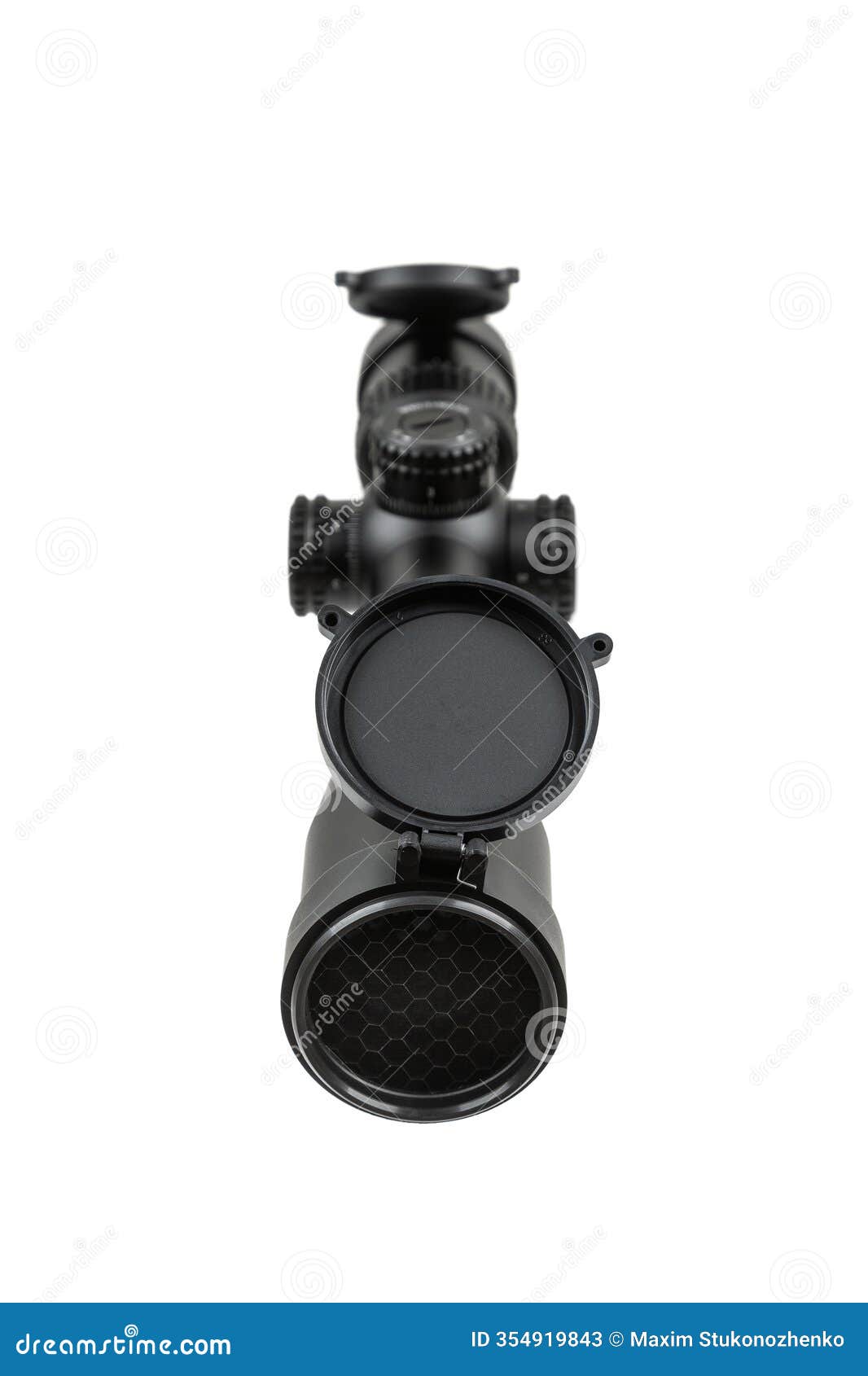 A Black Rifle Scope with Lens Covers, Adjustment Knobs, and a Honeycomb ...