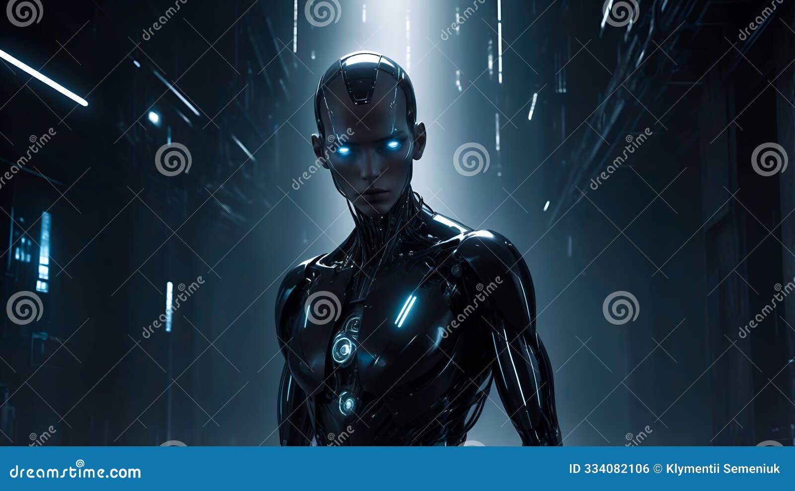 Black Robot Android Stands with a Powerful, Augmented Gaze. Evil ...