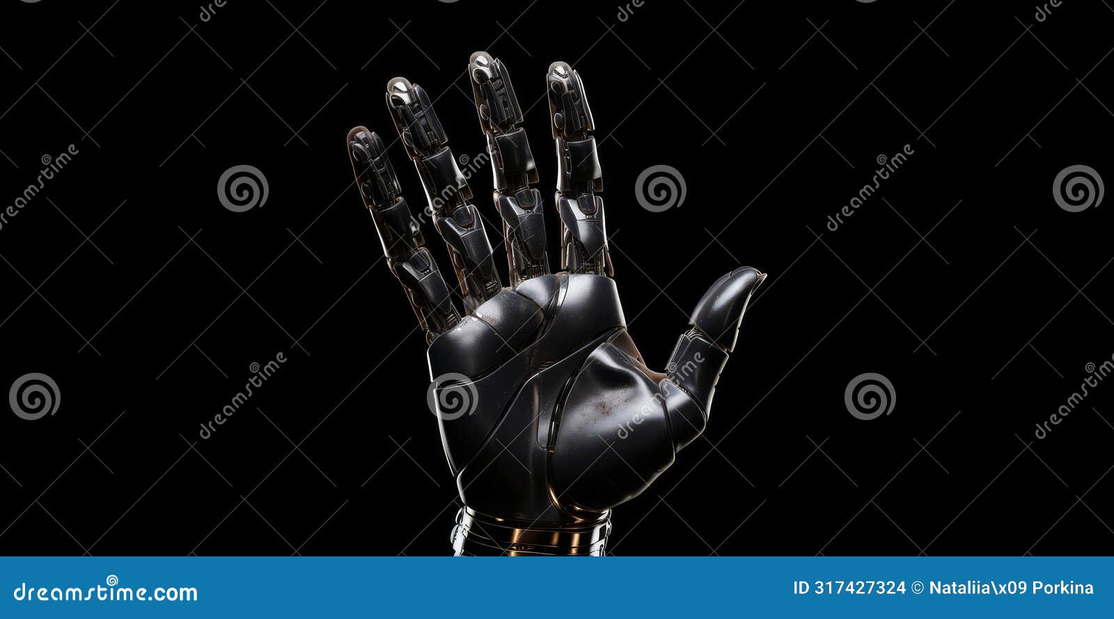 Black Robotic Hand on Dark Background. Black Bionic Arm. Mechanical ...