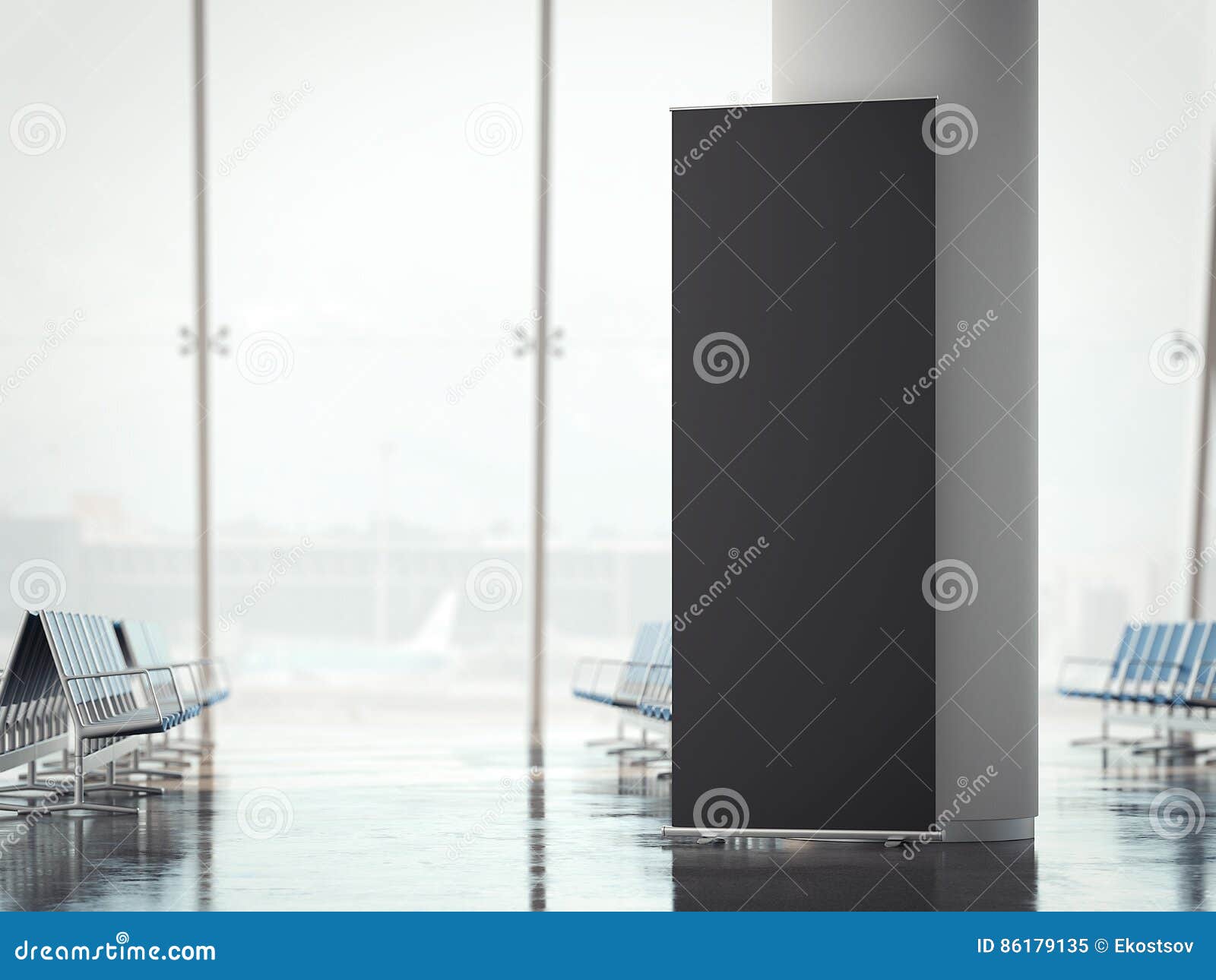 Black Rollup Banner in Airport Terminal. 3d Rendering Stock ...
