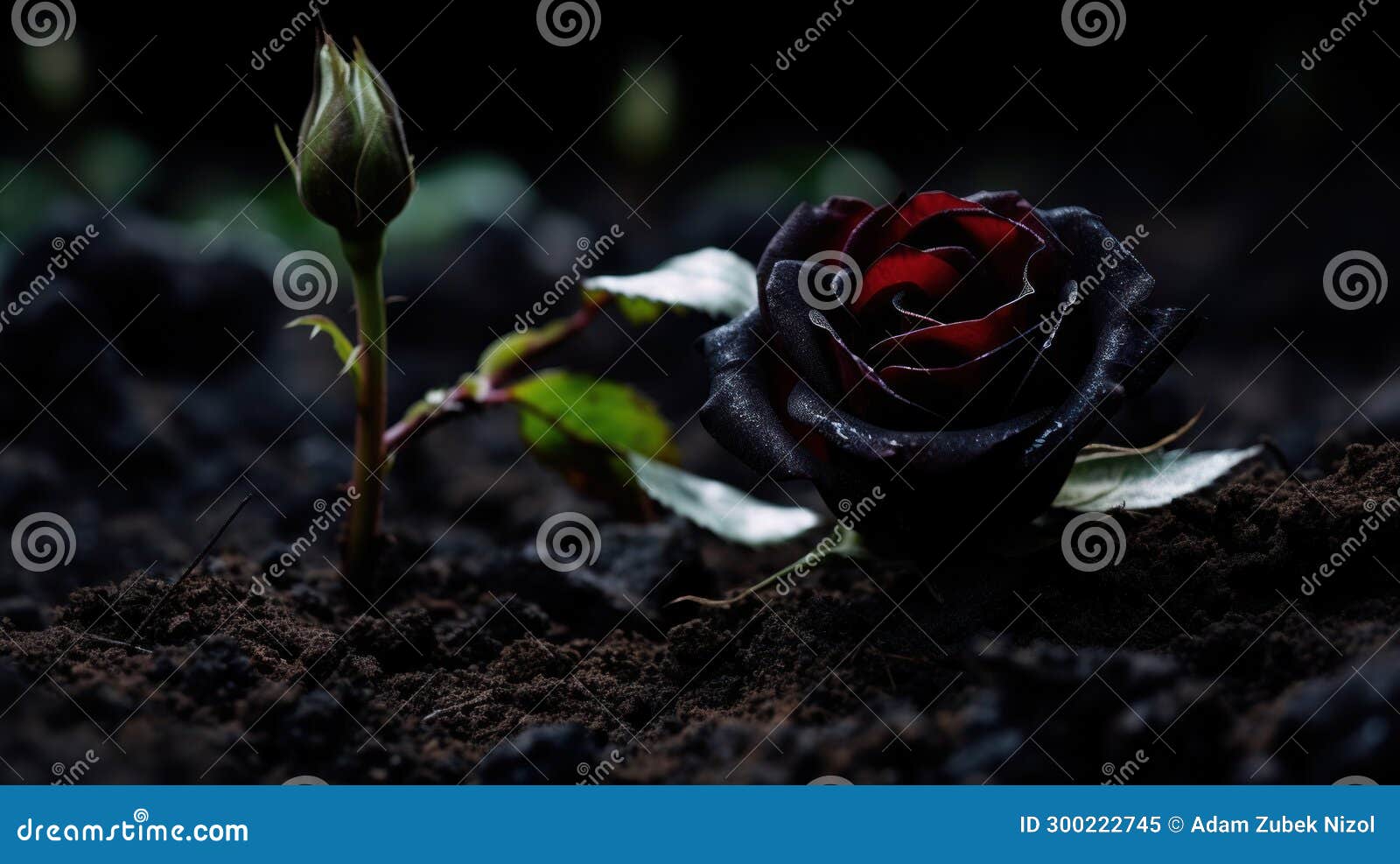 A Black Rose with a Bud in the Dirt Stock Illustration - Illustration ...