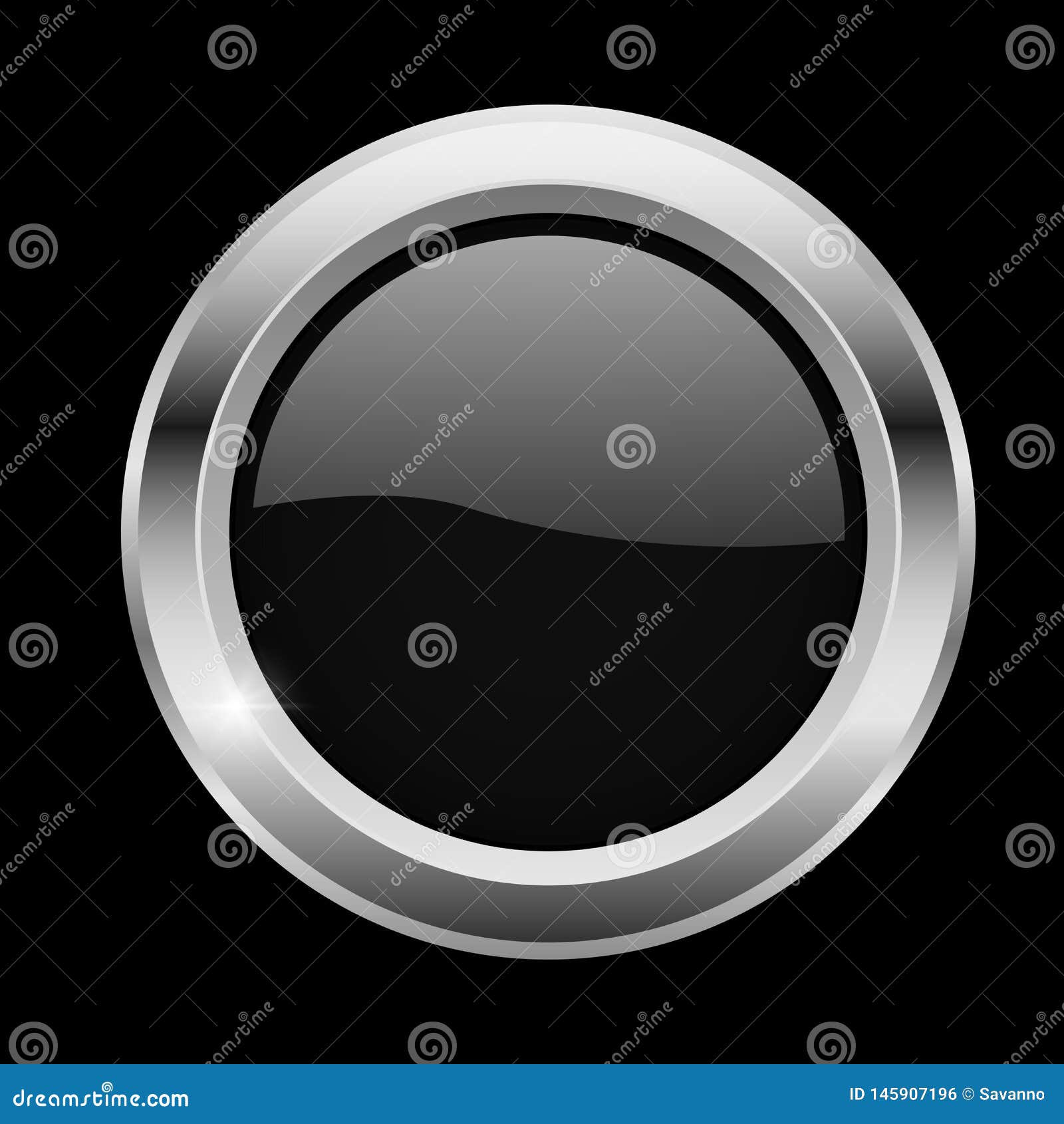 Black Round Glass Button with Chrome Frame. on Black Background Stock ...