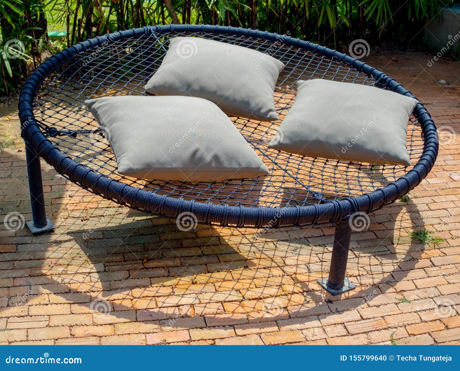 Black Round Macrame Sofa Bed on Multiple Ropes with Three Pillows in ...