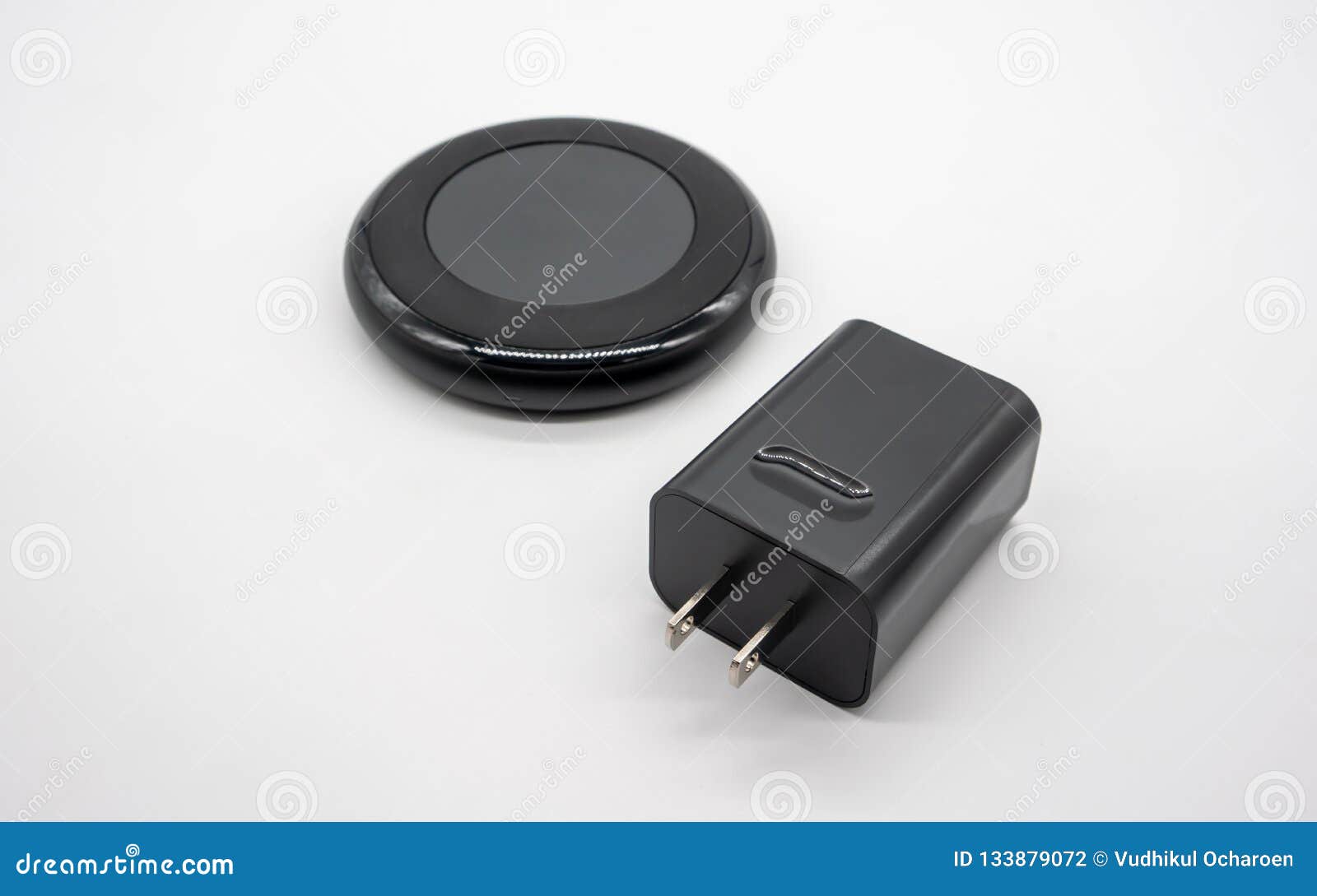 Black Round Shape Wireless Charger and Adapter Isolated on White Stock ...