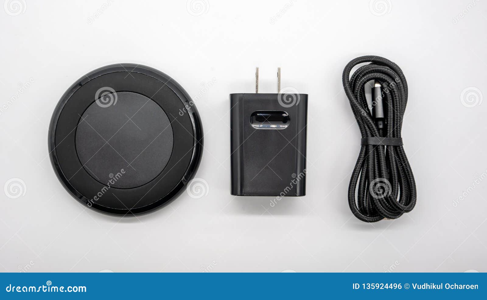 Black Round Shape Wireless Charger and Adapter Isolated on White Stock ...