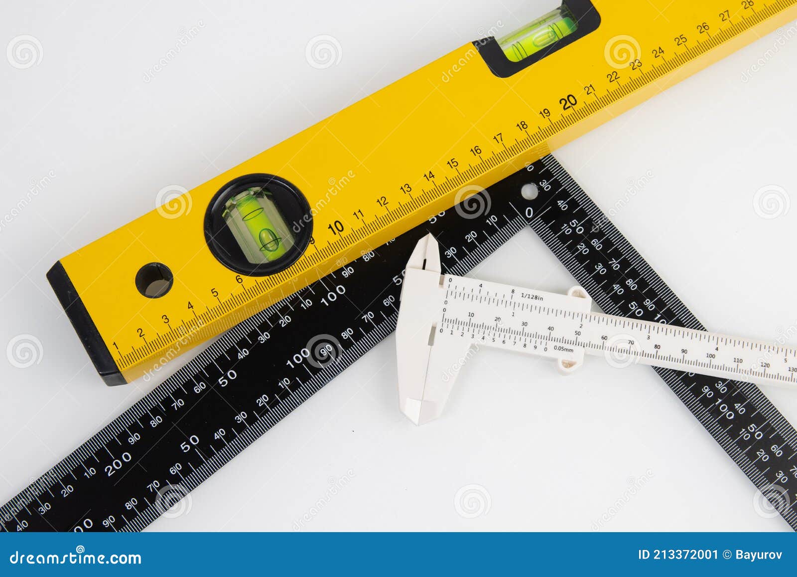 Black Ruler, Building Level And Caliper On White Background Royalty ...