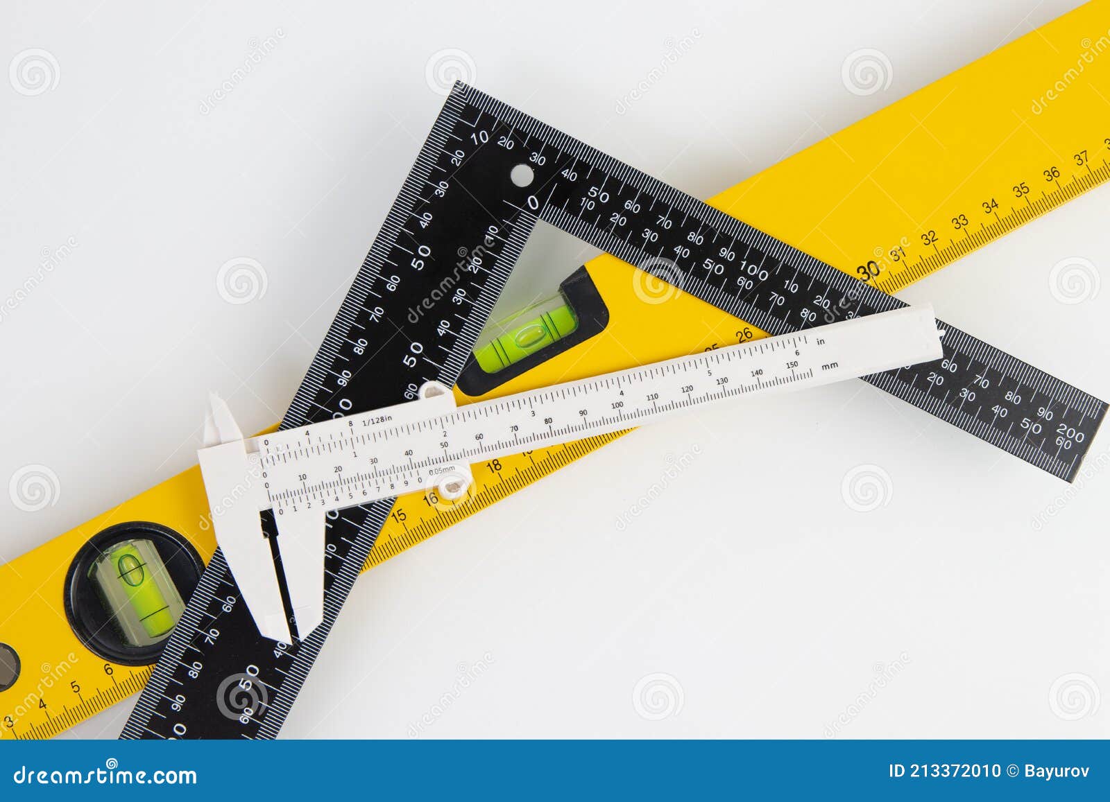 Black Ruler, Building Level and Caliper on White Background Stock Photo ...