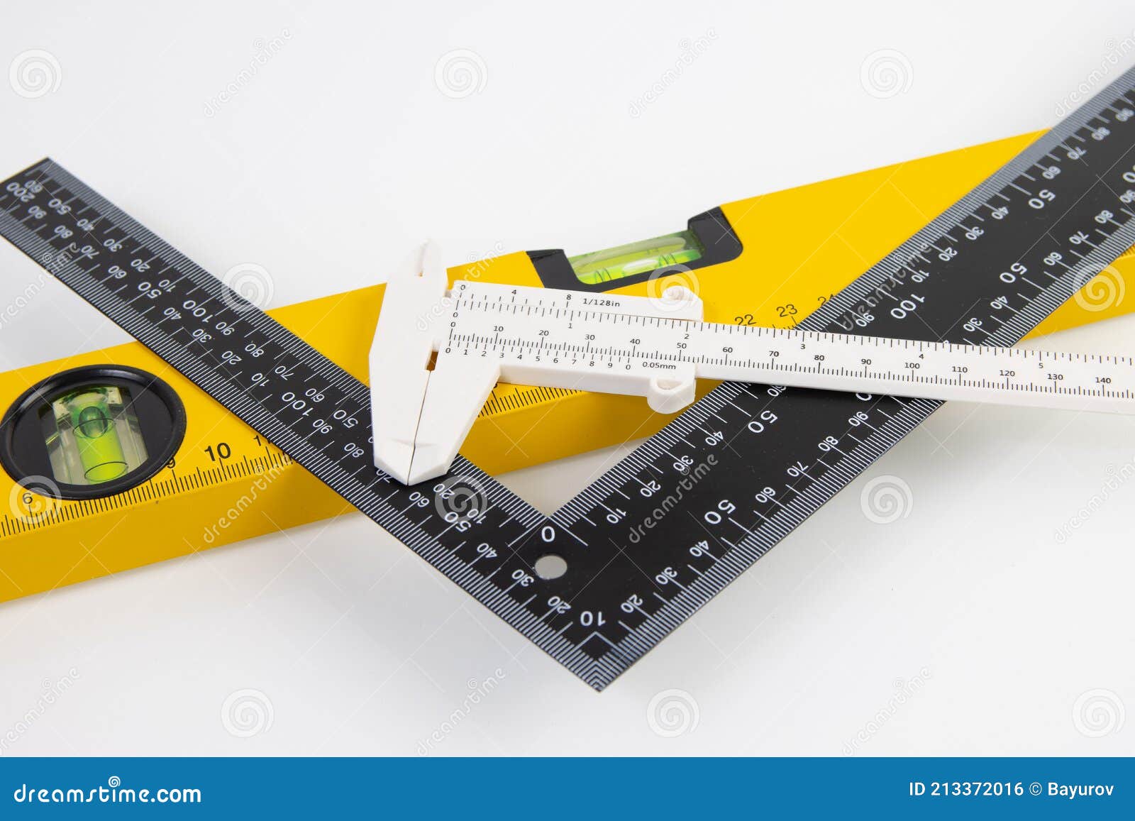 Black Ruler, Building Level and Caliper on White Background Stock Photo ...