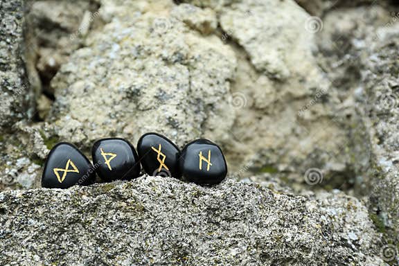 Black Runes on Stone Outdoors. Space for Text Stock Photo - Image of ...