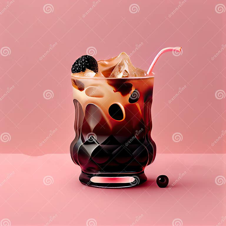 Black Russian Alcohol Cocktail On Pink Background Coffee Coctail Abstract Generative Ai
