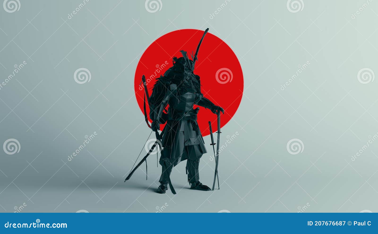 Black Samurai Polygon Form with Large Red Sphere Circle Stock ...