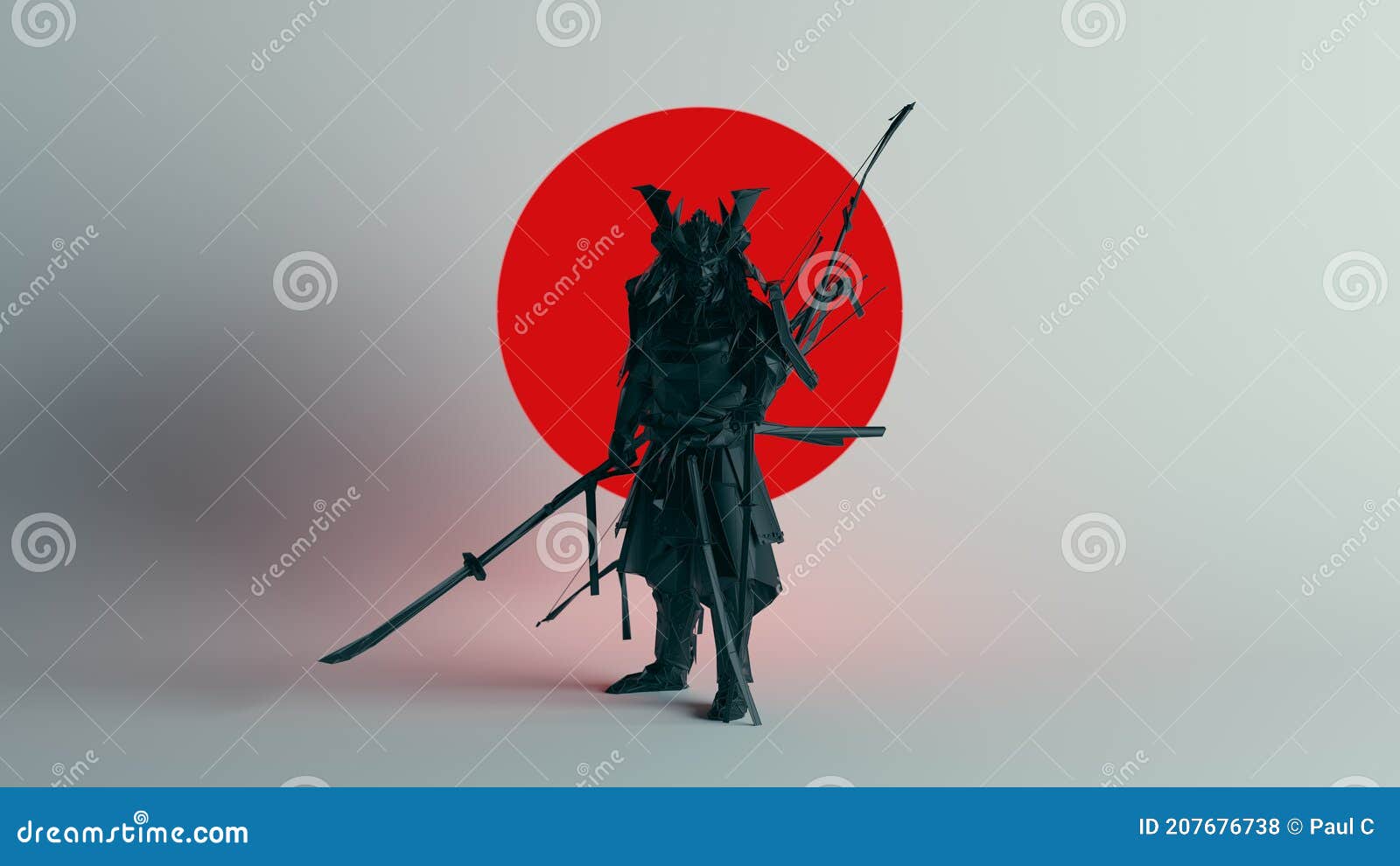 Black Samurai Polygon Form with Large Red Sphere Circle Stock ...