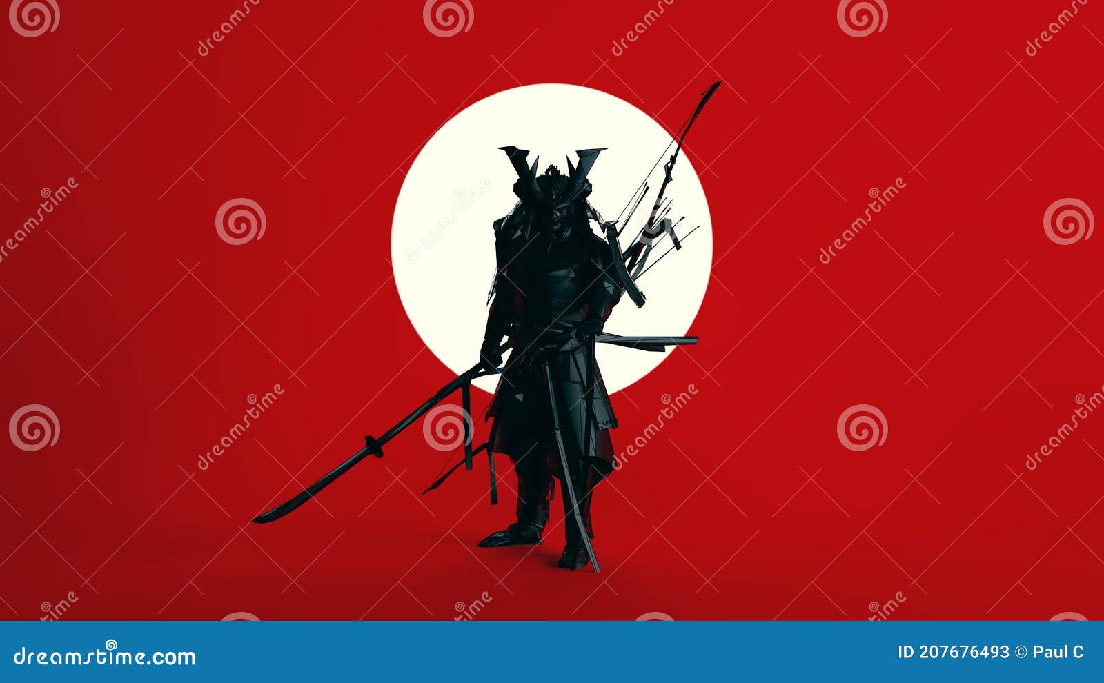 Black Samurai Polygon Form with Large White Sun Sphere Circle with Red ...