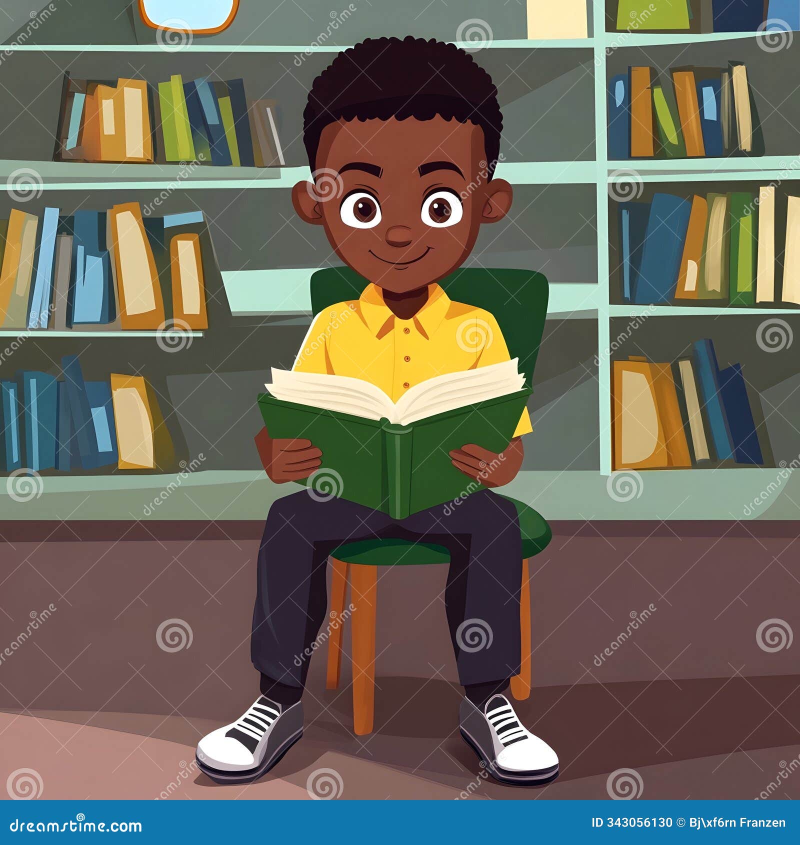 Cartoon Black Schoolboy is Reading and Studying in School Stock ...