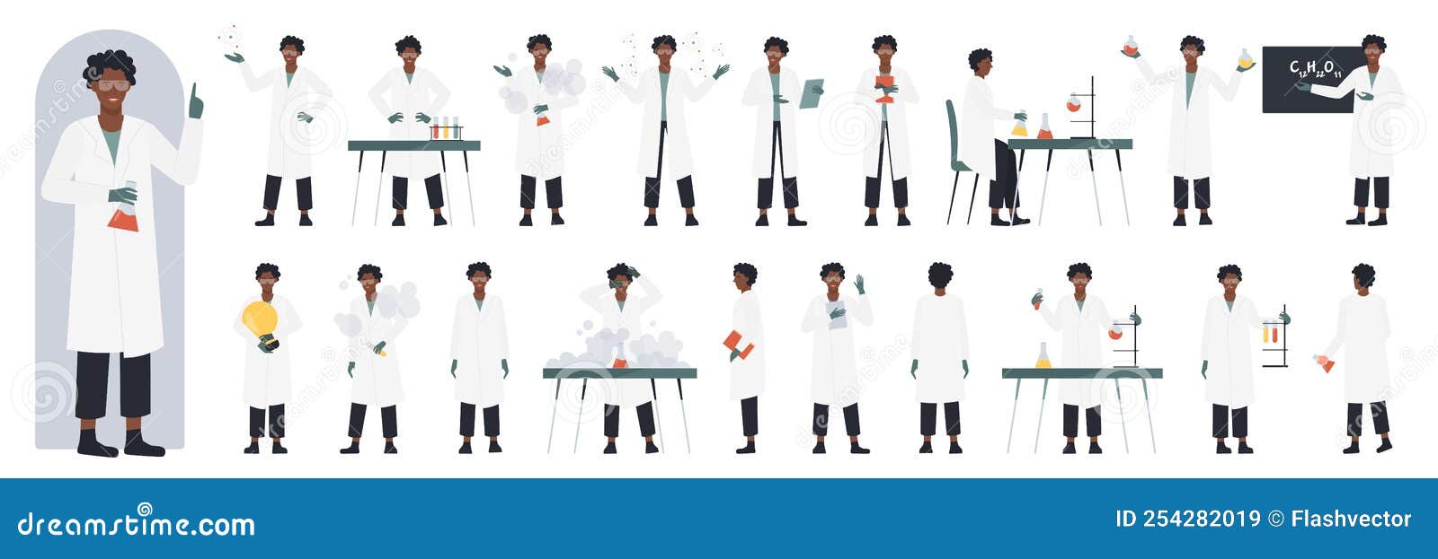 Black Scientist Character in Poses, Side, Front and Back View Set, Man ...