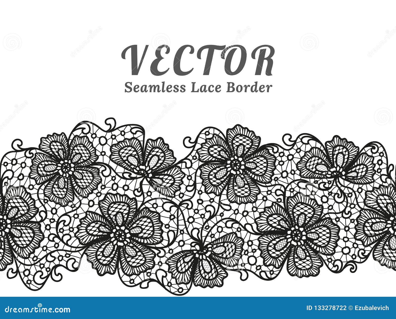 Black Seamless Lace Border with Flowers on White Background Stock ...