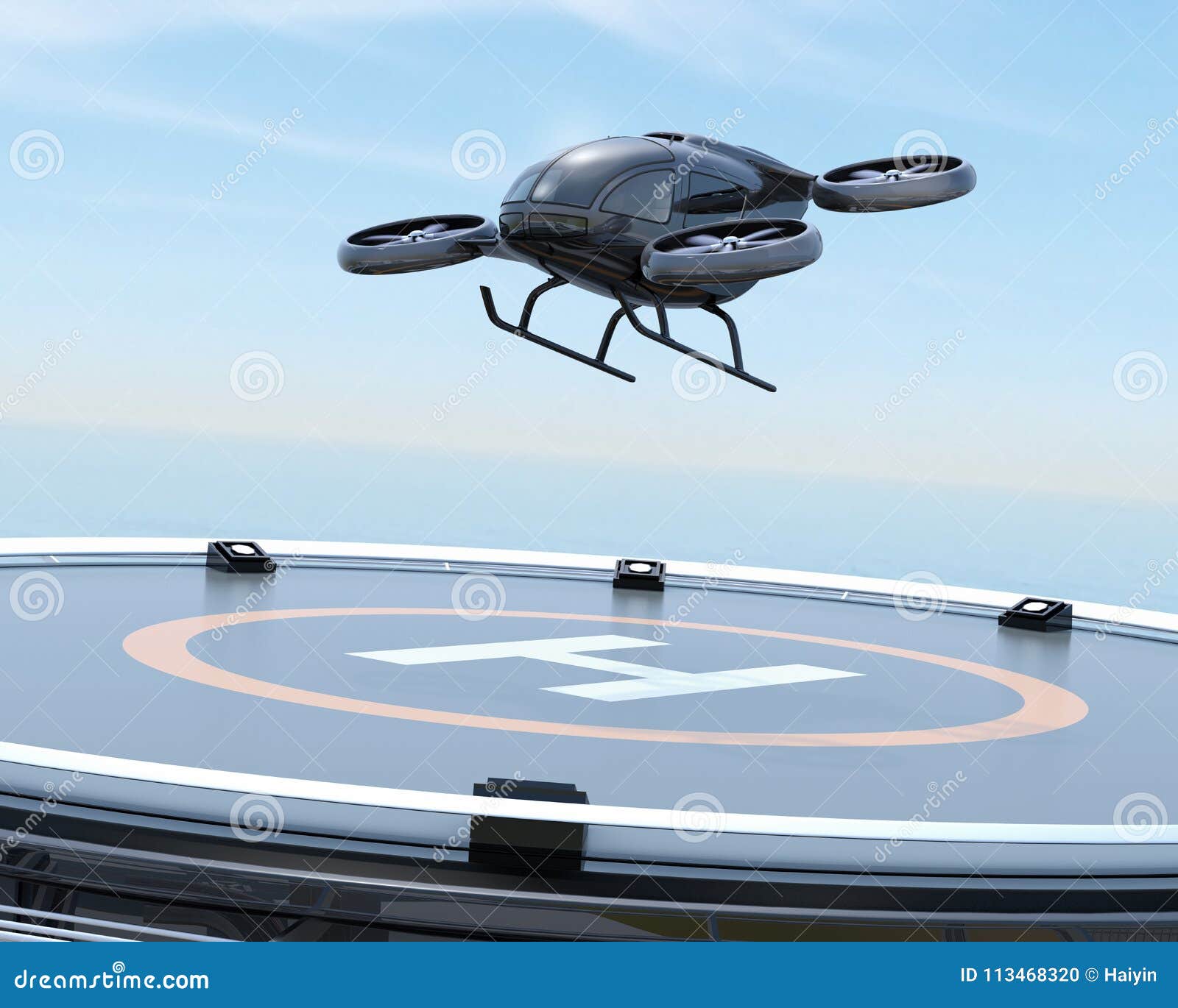 Black Self-driving Passenger Drone Takeoff from Helipad Stock ...