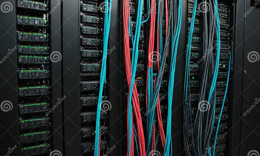 Black Server Rack with Multiple Rows Black Servers, Each with Red or ...